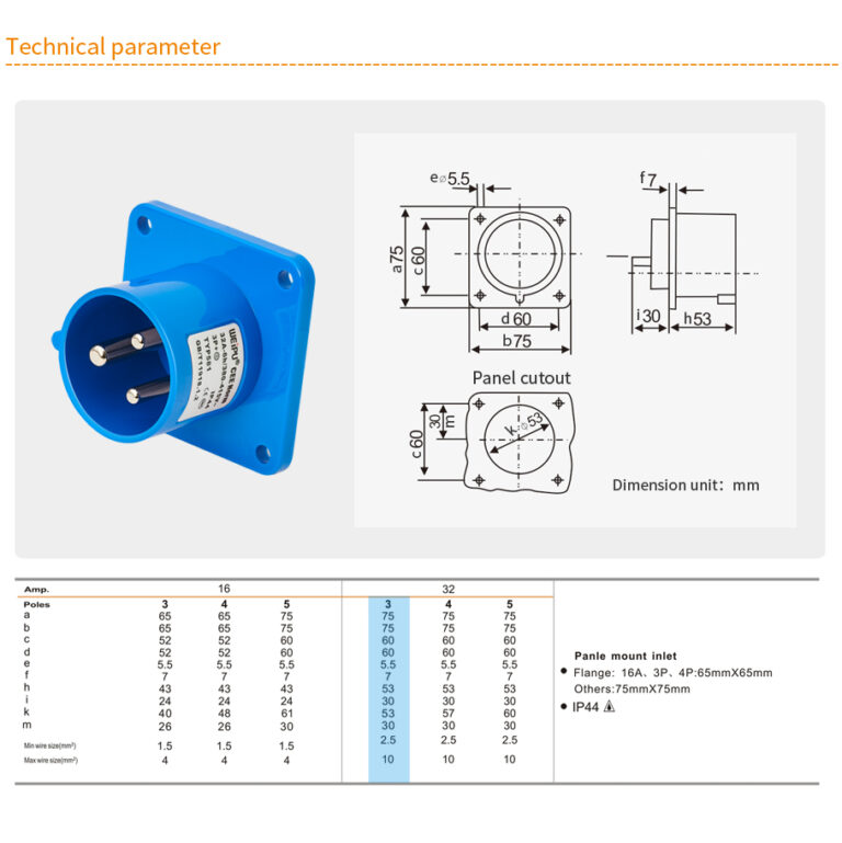 Weipu 32A 3PIN Panel Mount Inlet TYP581-IP44 – TecArt